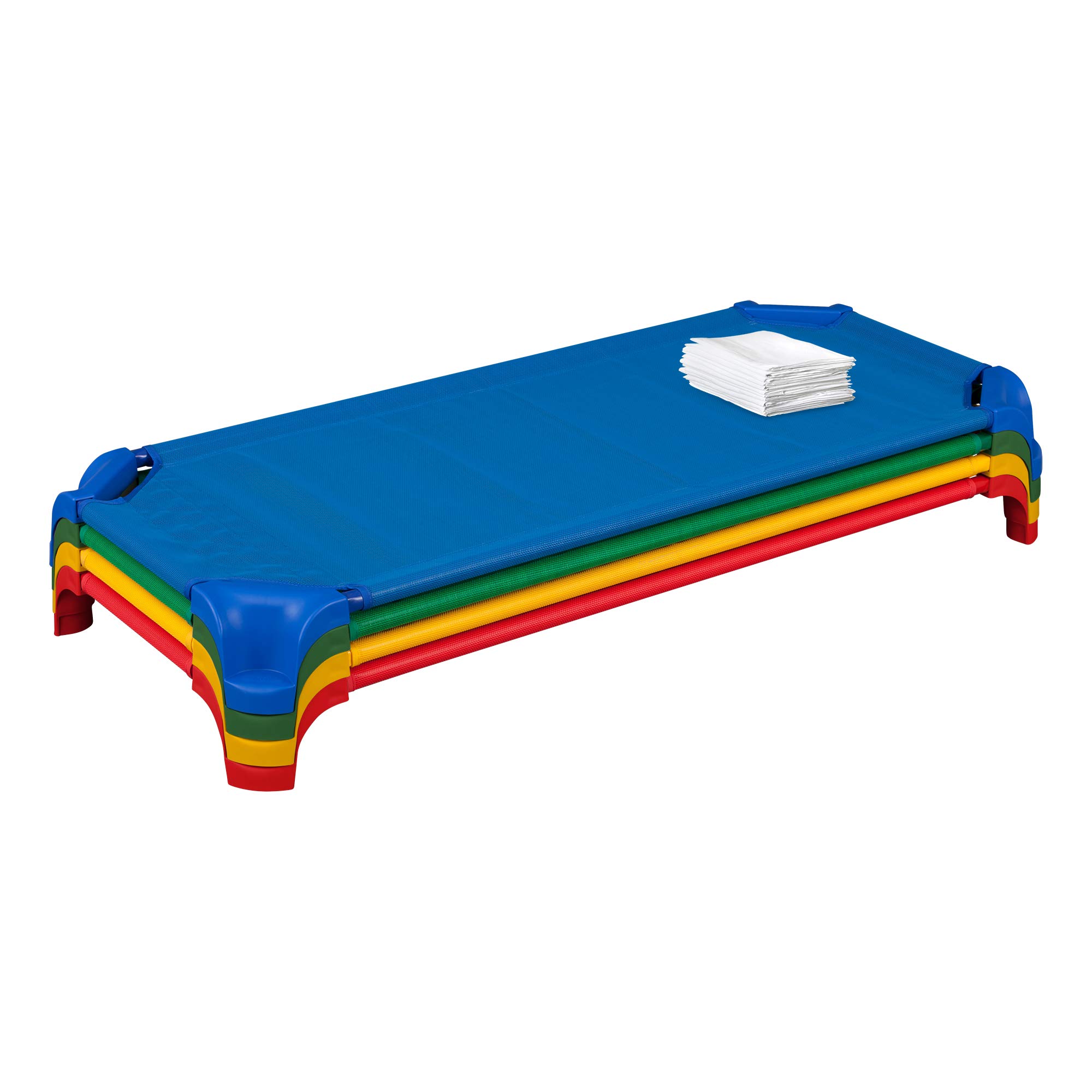 Sprogs Deluxe Heavy-Duty Childrens Standard 52" L Stackable Daycare Cot, Blue, Green, Red, Yellow (Pack of 4) & Standard Kids Cot Sheet for Stackable Cots for Preschool Daycare and Child Care