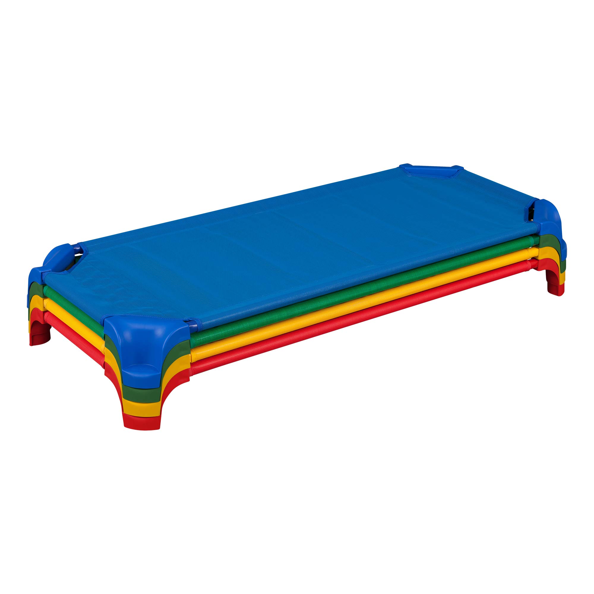 Sprogs Deluxe Heavy-Duty Childrens Standard 52" L Stackable Daycare Cot, Blue, Green, Red, Yellow (Pack of 4) & Standard Kids Cot Sheet for Stackable Cots for Preschool Daycare and Child Care