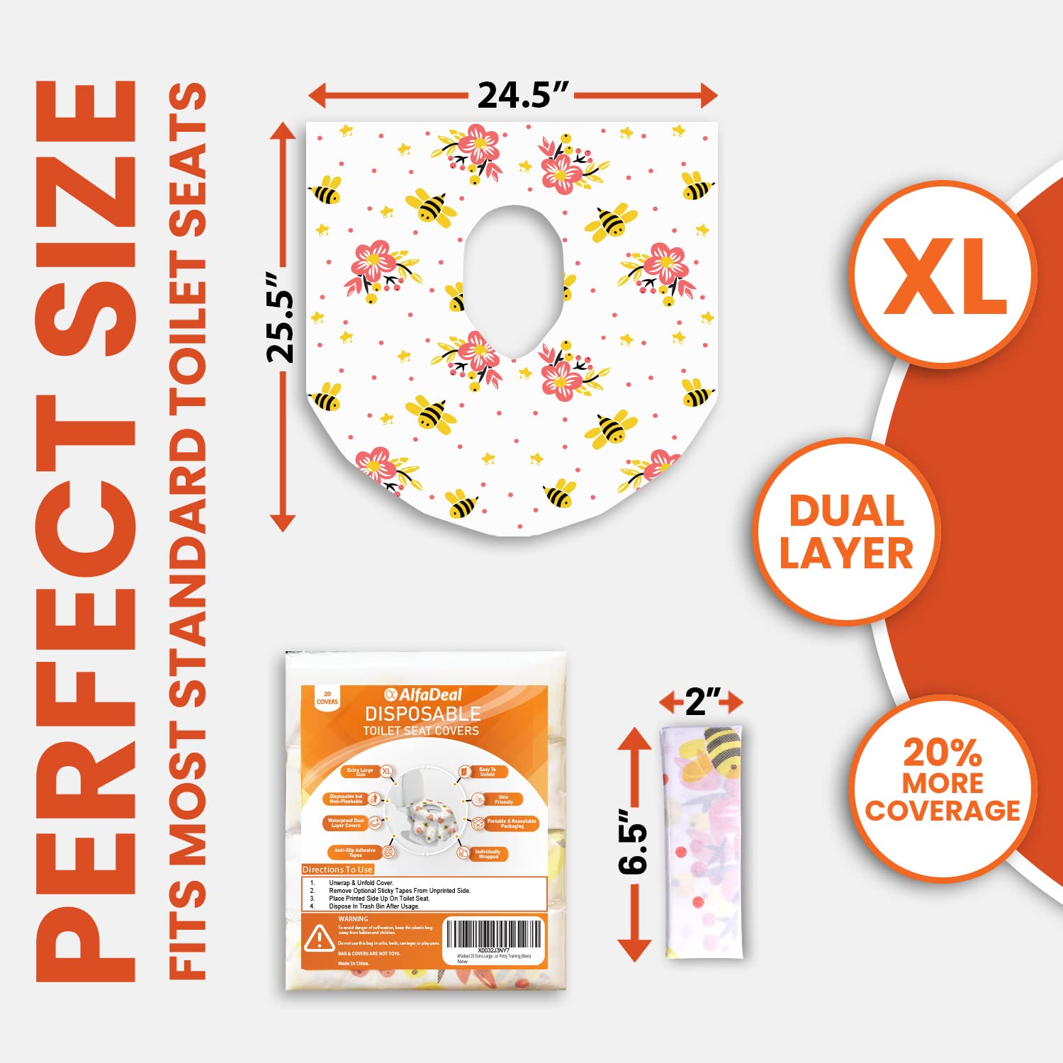 20 Extra Large Toilet Seat Covers Disposable for Kids & Adults-Toilet Covers Disposable for travel-Toddler Toilet Seat Cover Liners for Potty Training-Individually Wrapped-Waterproof (Bees)