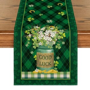 artoid mode green vase shamrock good luck st. patrick's day table runner, spring holiday kitchen dining table decoration for home party decor 13 x 72 inch