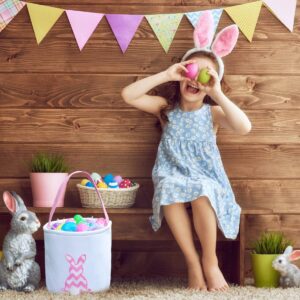 Poptrend Easter Basket Bags,Pink stripes Easter Eggs/Gift Baskets for Kids,Bunny Tote Bag Bucket for Easter Eggs,Toys, Candy,Gifts (Pink stripes)