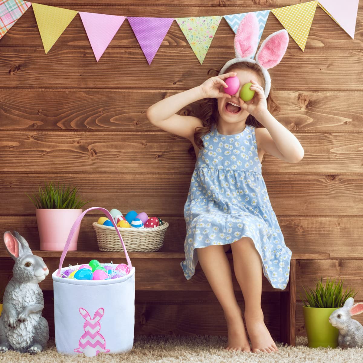 Poptrend Easter Basket Bags,Pink stripes Easter Eggs/Gift Baskets for Kids,Bunny Tote Bag Bucket for Easter Eggs,Toys, Candy,Gifts (Pink stripes)