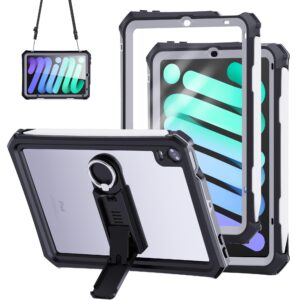 ipad mini 6 2021 case waterproof with pencil holder, built-in screen protector and stand, dustproof shockproof drop proof case, rugged full body cover for ipad mini 6 6th generation 2021