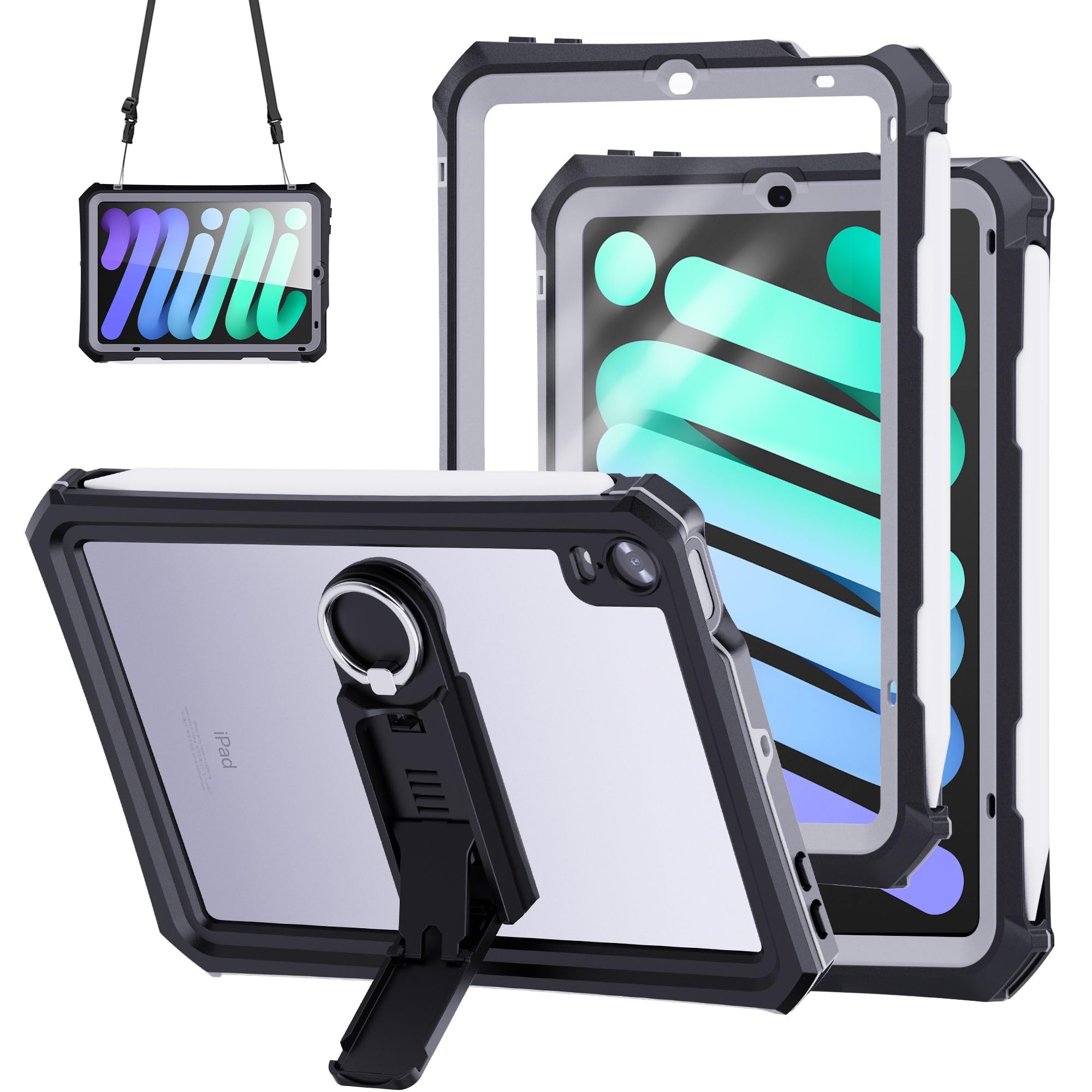 iPad Mini 6 2021 Case Waterproof with Pencil Holder, Built-in Screen Protector and Stand, Dustproof Shockproof Drop Proof Case, Rugged Full Body Cover for iPad Mini 6 6th Generation 2021