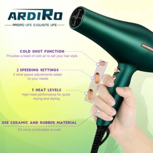 ARDIRO 2000 Watt Negative Ionic Hair Dryer, Professional Salon Blow Dryer, Low Noise Fast Drying & Powerful AC Motor and Diffuser Comb for Men Women,3 Heat & 2 Speed Settings, Easy to Use- Green