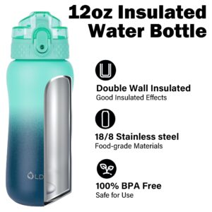 OLDLEY Insulated Water Bottle 12oz Kids Water Bottles with Straw, Stainless Steel Water Bottle with 2 Lids,Double Wall Vacuum Bottle, Leak-Proof Sport Bottles for School Travel, Caribbean Blue