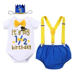 it's my 1/2 birthday cake smash outfit for baby boy half 6 months party photo shooting set bow tie cotton short sleeve romper y-back suspenders diaper cover shorts pants crown headband 4pcs royal blue