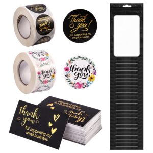 1130pcs thank you cards and stickers set,100pcs gold foil thank you for supporting my business cards 1000 thank you stickers label roll with packaging bag for business greeting(black)