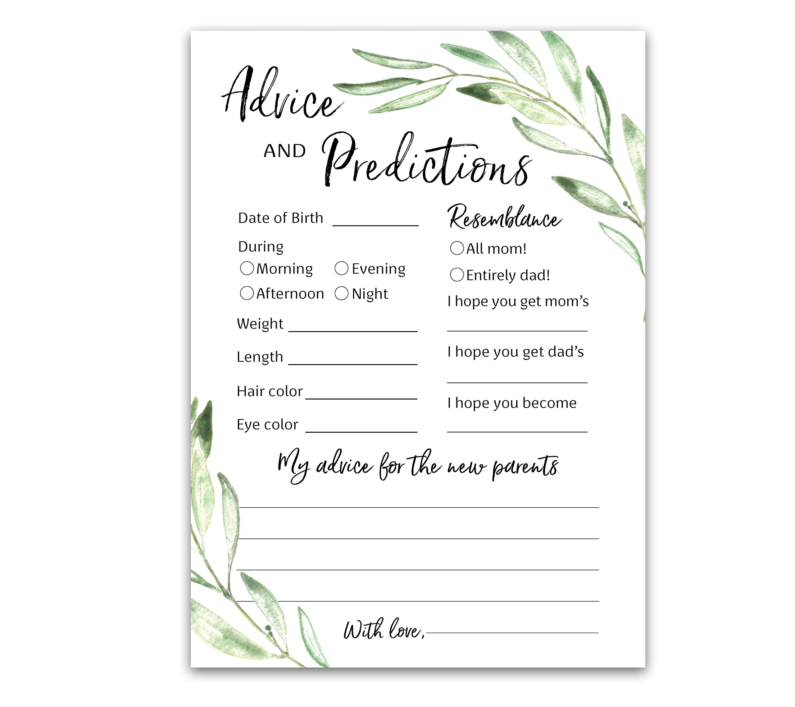 GREENERY Prediction and Advice Cards,Pack of 25, New Parents Mom & Dad to be Mommy & Daddy Message, Rustic Floral Green Olive Branch Couples Coed Shower Activity Keepsake Book G320-PDAV