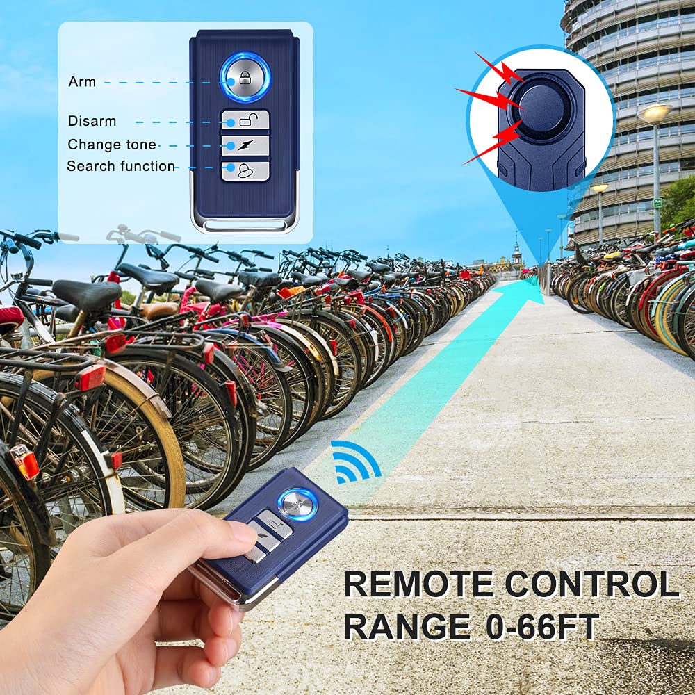 WSDCAM Bike Alarm with Remote 2 Pack, 113dB Wireless Anti-Theft Vibration Motorcycle Bicycle Alarm Vehicle Security Alarm System (Blue)