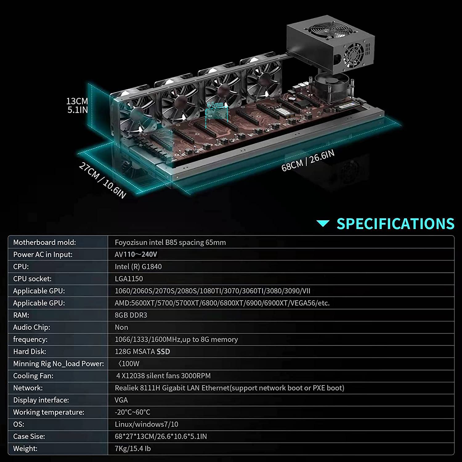 Foyozisun Mining Rig Complete System, Stackable for Ethereum Classic, ETC, Flux, Ergo, Neoxa, Ravencon Crypto Miner with 8 GPU Mining Motherboard and 1800W Power Supply 8G RAM (Without GPU)