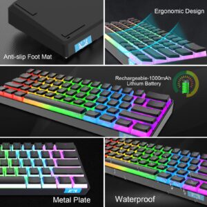 Mini Wireless 60% Dual Mode BT5.0/USB-C Wired Mechanical Gaming Keyboard with Pudding Keycaps Rainbow Backlit Ergonomic Rechargeable Anti-ghosting 61Key for PC Typist Mac Gamer(Black PBT/Red Switch)