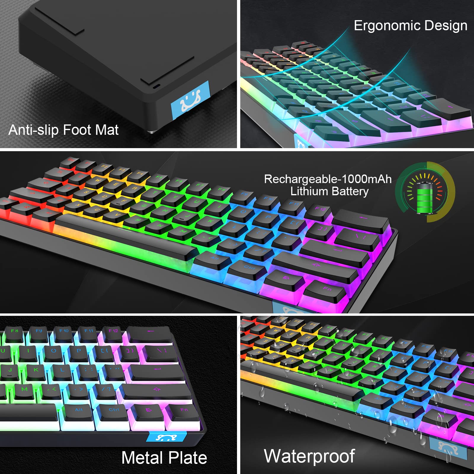 Mini Wireless 60% Dual Mode BT5.0/USB-C Wired Mechanical Gaming Keyboard with Pudding Keycaps Rainbow Backlit Ergonomic Rechargeable Anti-ghosting 61Key for PC Typist Mac Gamer(Black PBT/Red Switch)