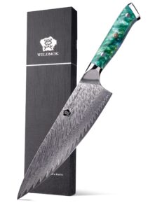 wildmok chef knife, 8 inch damascus japanese kitchen cooking knife,japanese vg10 steel green resin handle kitchen knives,damascus chef's knives including gift box