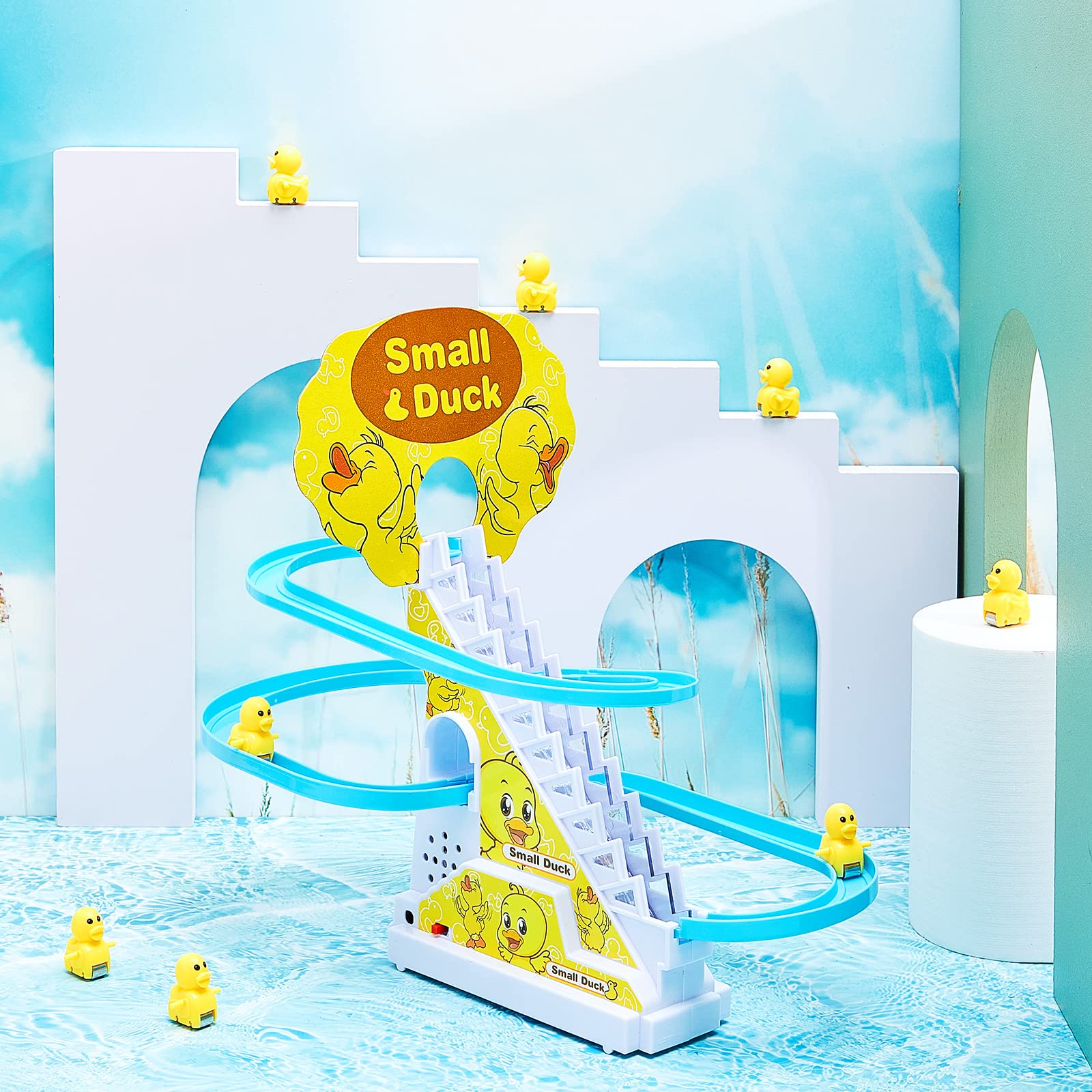 HyDren Climb Stairs Toy Roller Coaster Toy for Halloween Christmas Electric Toys Track Slide Stairs Indoor Toy with LED Flashing Lights (Duck)