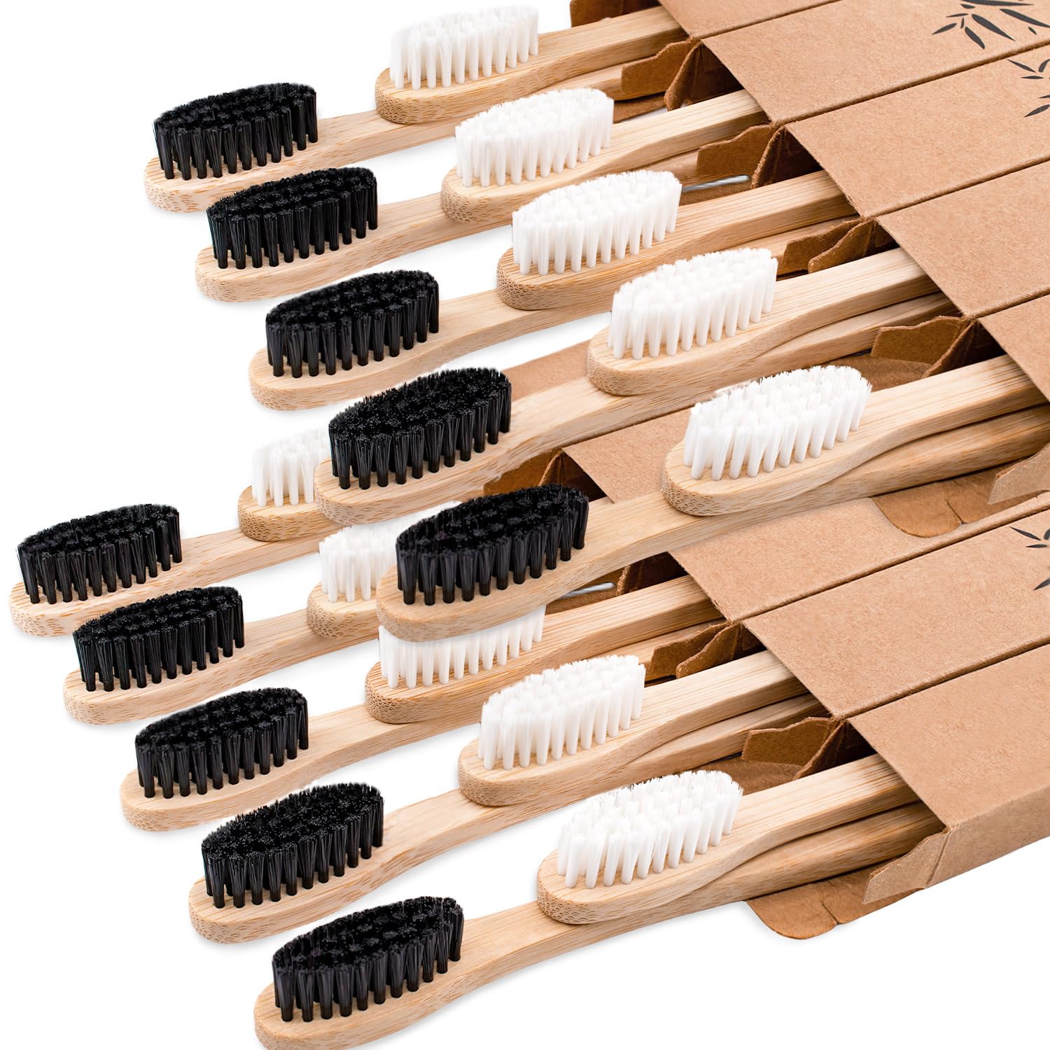 ECOETBOO Bamboo Toothbrushes Medium Bristles for Adult, 20 Pack Family Bulk Toothbrushes Set Natural Organic Wooden Tooth Brush Charcoal Wood Handle Tooth Cleaning Brush