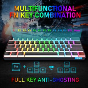 Mini Wireless 60% Dual Mode BT5.0/USB-C Wired Mechanical Gaming Keyboard with Pudding Keycaps Rainbow Backlit Ergonomic Rechargeable Anti-ghosting 61Key for PC Typist Mac Gamer(Black PBT/Red Switch)