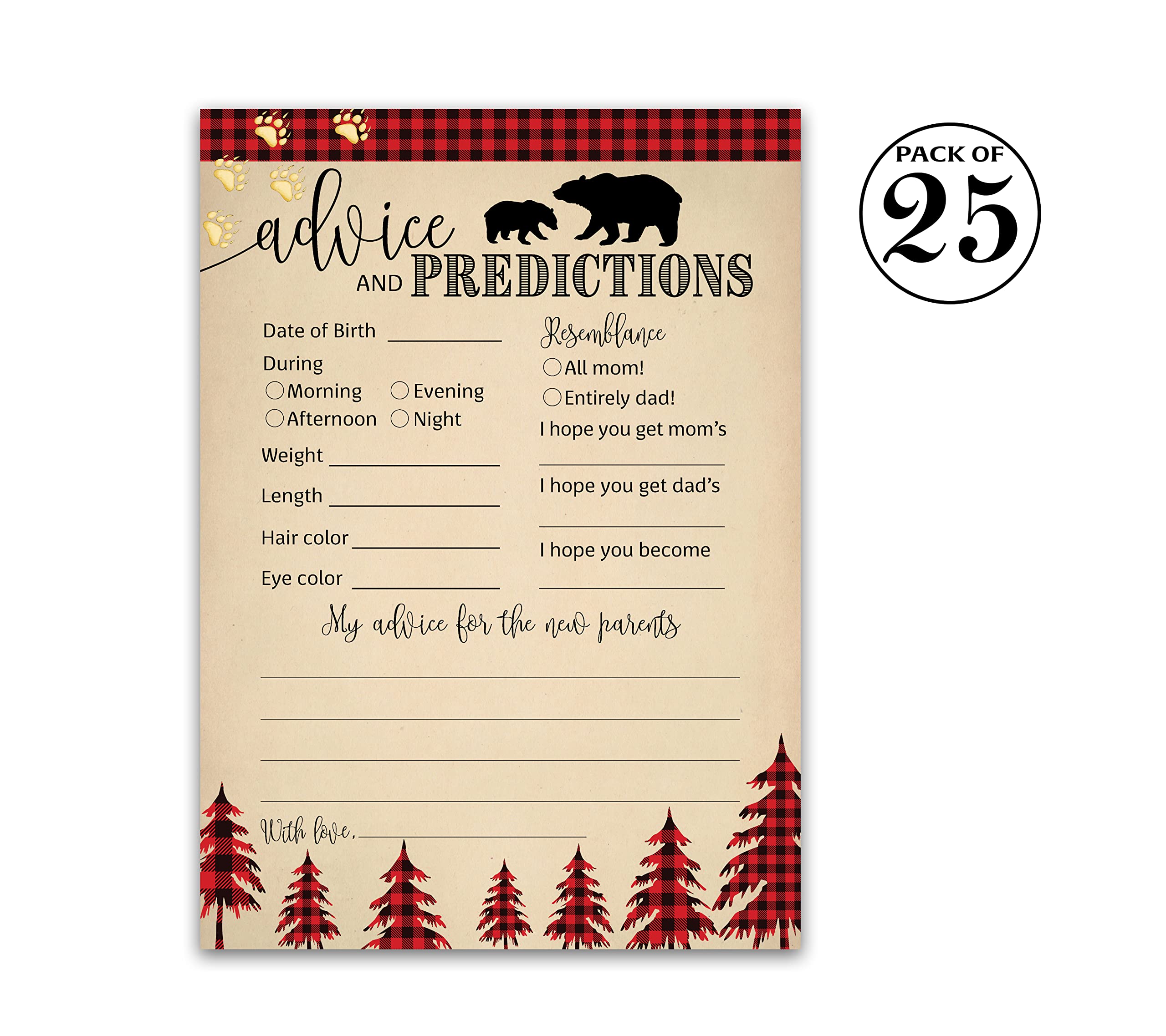 LUMBERJACK Prediction and Advice Cards,Pack of 25,Country Buffalo Plaid Rustic BOY Baby Shower Games, New Parents, Mommy & Daddy Message, Couples Coed Shower Activity Keepsake Book G805-PDAV