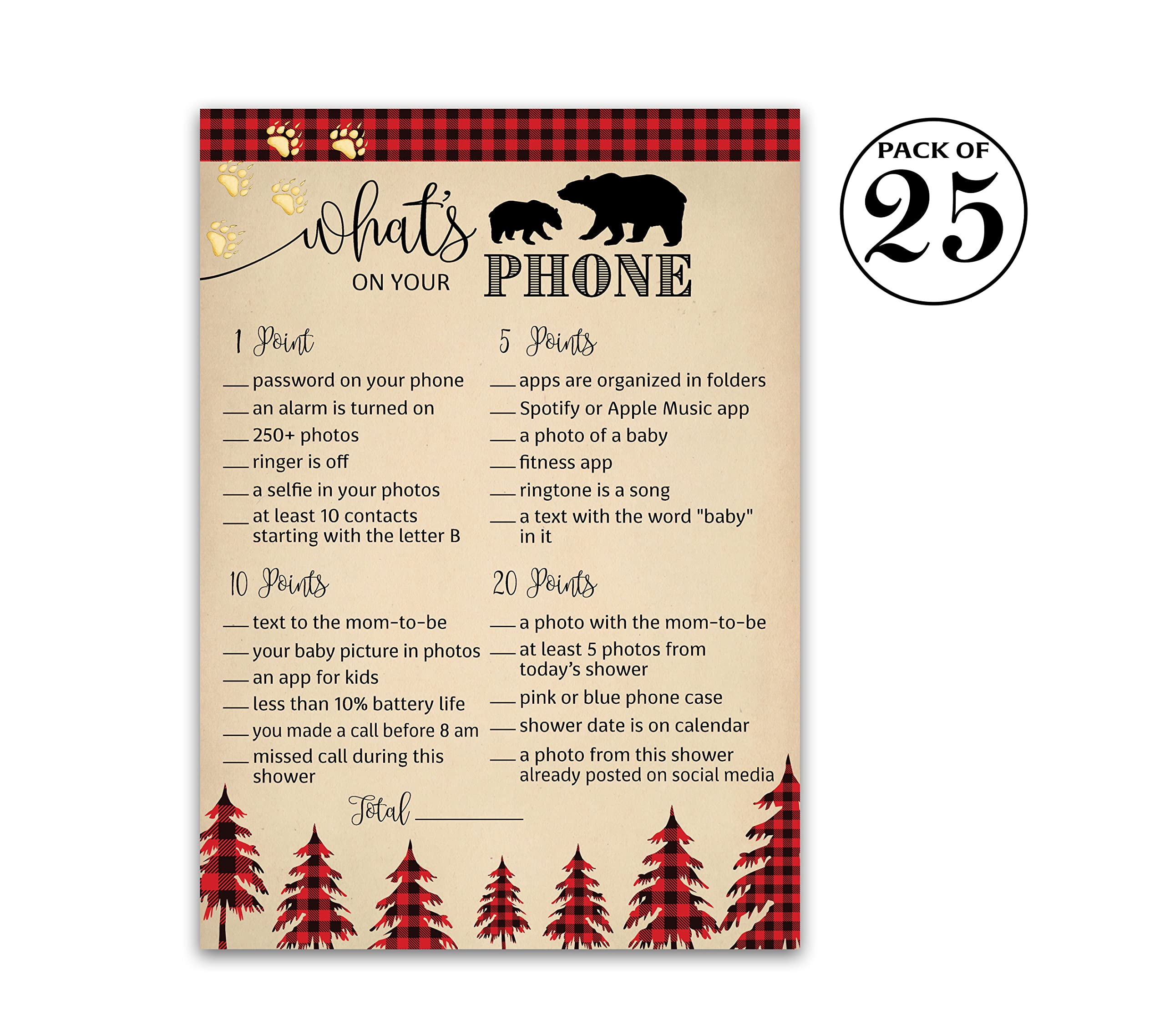 LUMBERJACK Baby Shower Games — WHAT'S ON YOUR PHONE Baby Shower Game — Pack of 25 — Country Buffalo Plaid Rustic BOY Baby Shower Games, Country Baby Shower Decoration, Baby Shower Games, SKU G805-PHN