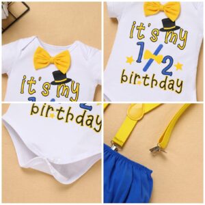 It's My 1/2 Birthday Cake Smash Outfit for Baby Boy Half 6 Months Party Photo Shooting Set Bow Tie Cotton Short Sleeve Romper Y-back Suspenders Diaper Cover Shorts Pants Crown Headband 4pcs Royal Blue