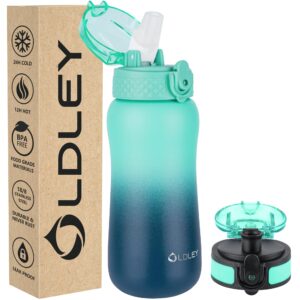 oldley insulated water bottle 12oz kids water bottles with straw, stainless steel water bottle with 2 lids,double wall vacuum bottle, leak-proof sport bottles for school travel, caribbean blue