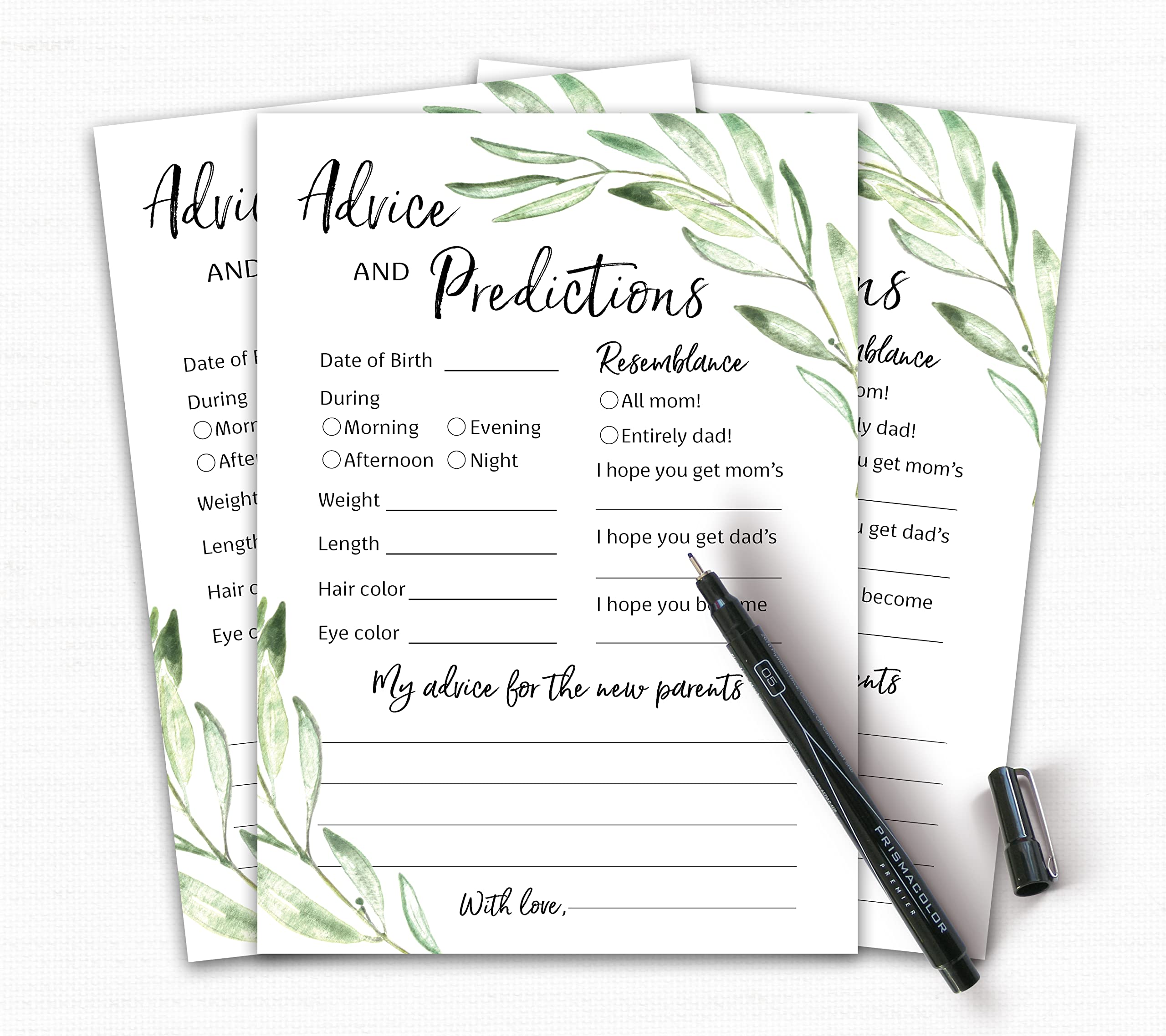 GREENERY Prediction and Advice Cards,Pack of 25, New Parents Mom & Dad to be Mommy & Daddy Message, Rustic Floral Green Olive Branch Couples Coed Shower Activity Keepsake Book G320-PDAV