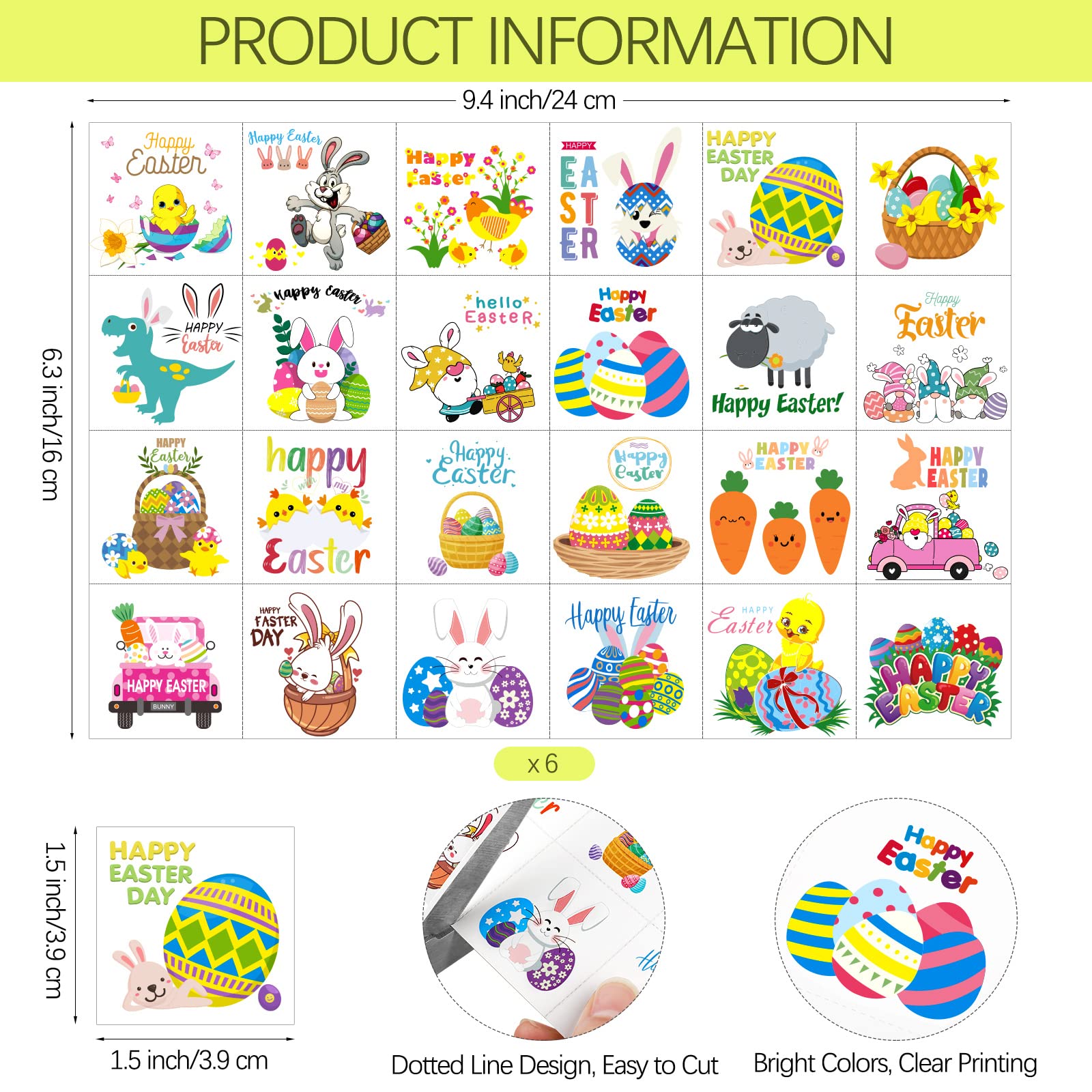 ADXCO 144 Pieces Easter Temporary Tattoos Stickers Non-Toxic Cartoon Body Stickers Easter Bunny Gnome Egg Tattoos 24 Styles for Easter Surprise Egg Fillers, Easter Party Favors