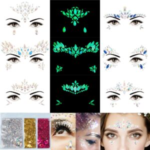 6 sheets face jewels gems self-adhesive rhinestone, 30g chunky body eye hair glitter, rave festival outfits clothes iridescent crystals stickers rainbow body makeup tattoo kit(3 luminous)