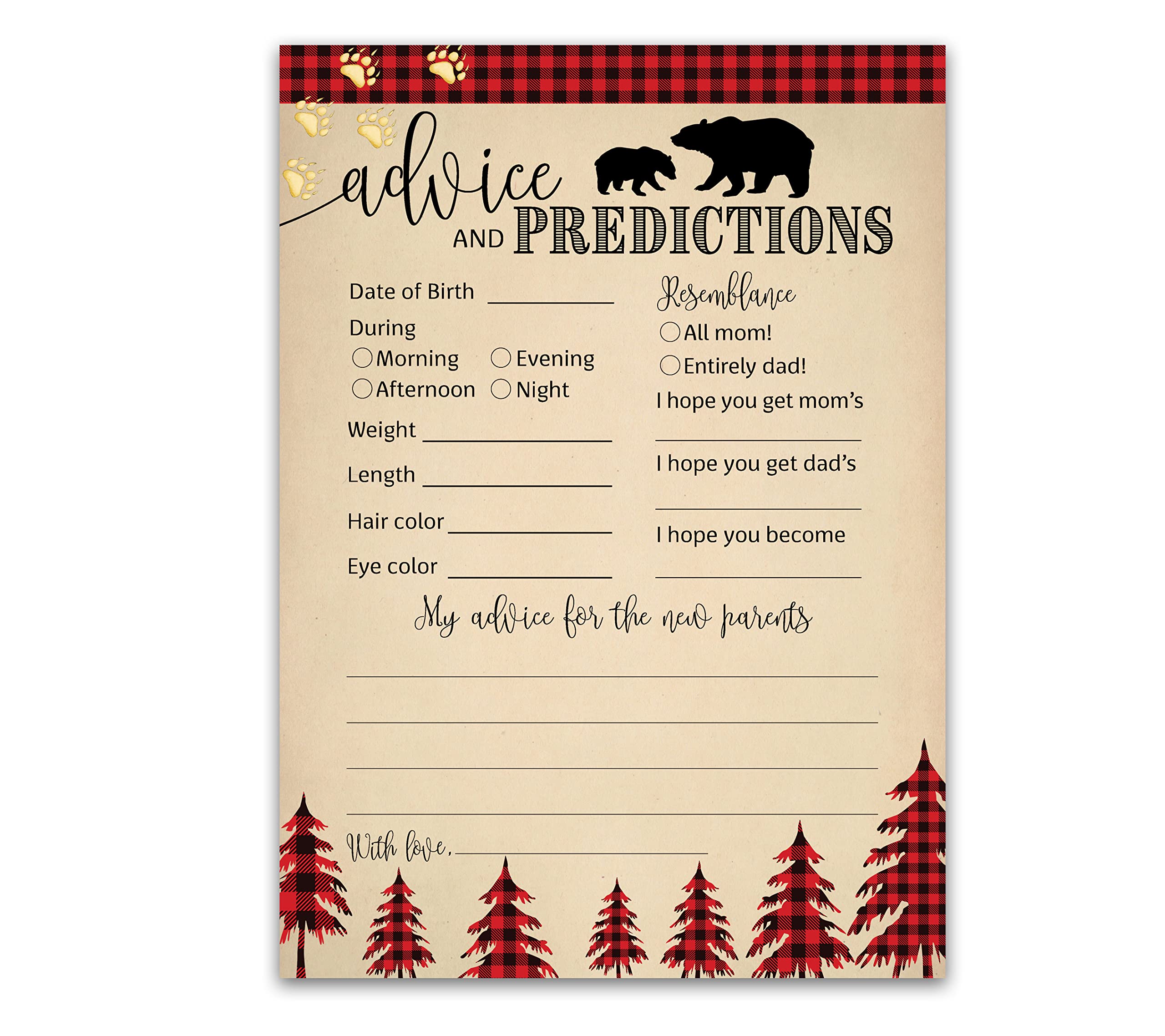 LUMBERJACK Prediction and Advice Cards,Pack of 25,Country Buffalo Plaid Rustic BOY Baby Shower Games, New Parents, Mommy & Daddy Message, Couples Coed Shower Activity Keepsake Book G805-PDAV