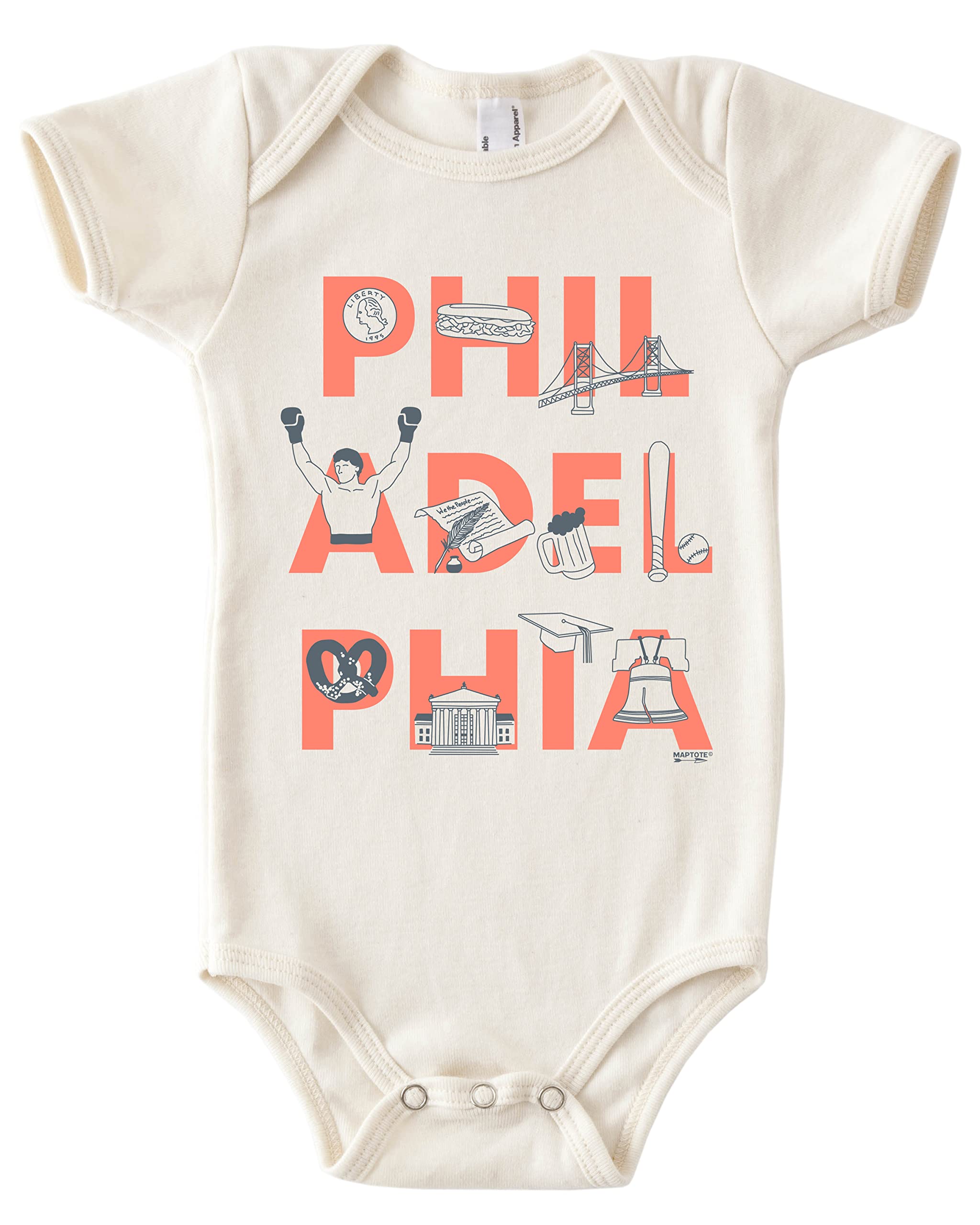 MAPTOTE Font One Piece - Unisex Baby Organic Cotton Short Sleeve Bodysuits - Philadelphia, 3-6 Months