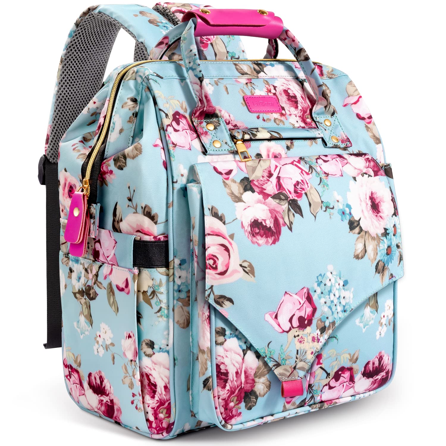 LitBear Diaper Bag Backpack, Large Capacity Multifunction Nappy Bags, Waterproof Baby Bag Floral Insulated Sturdy Travel Maternity Back Pack for Baby Girls with Diaper Pad Bottle Bag (Rose Flower)