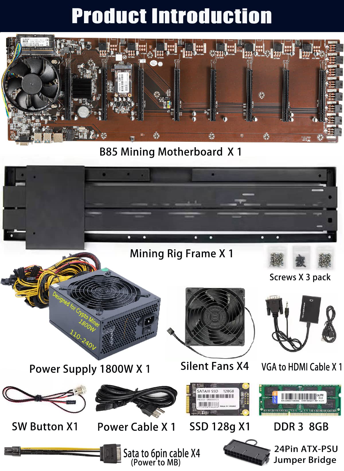 Foyozisun Mining Rig Complete System, Stackable for Ethereum Classic, ETC, Flux, Ergo, Neoxa, Ravencon Crypto Miner with 8 GPU Mining Motherboard and 1800W Power Supply 8G RAM (Without GPU)