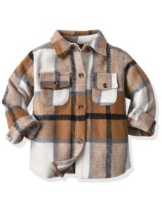 hooever girl's boy's brushed plaid shirts pockets button down plaid flannel shacket (khaki, 4t)