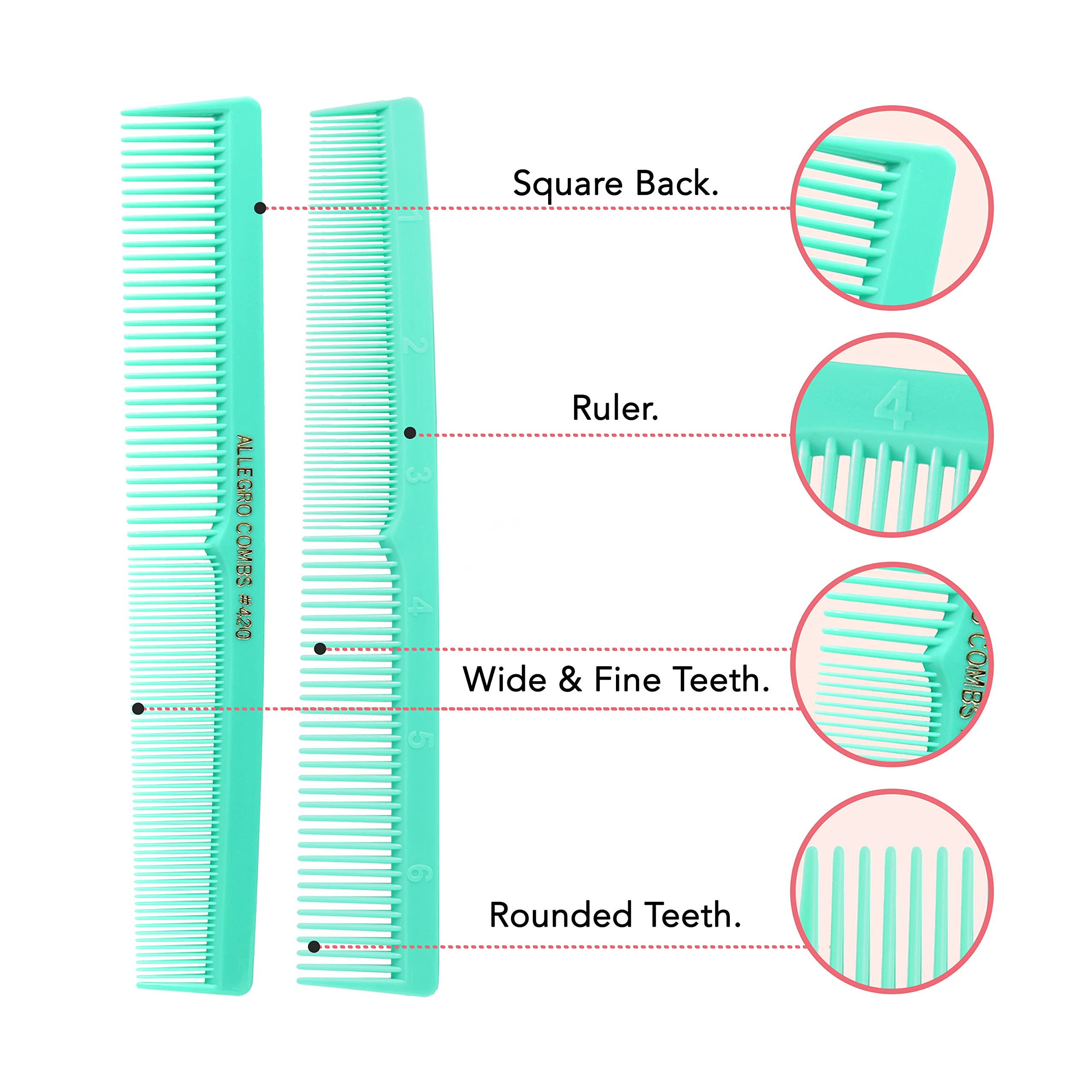 Allegro Combs 420 Hair combs Barber Comb Set Hair Cutting Pocket Styling Combs for Hair Stylist Wide And Fine Set 12 pk. (Fresh Mint)