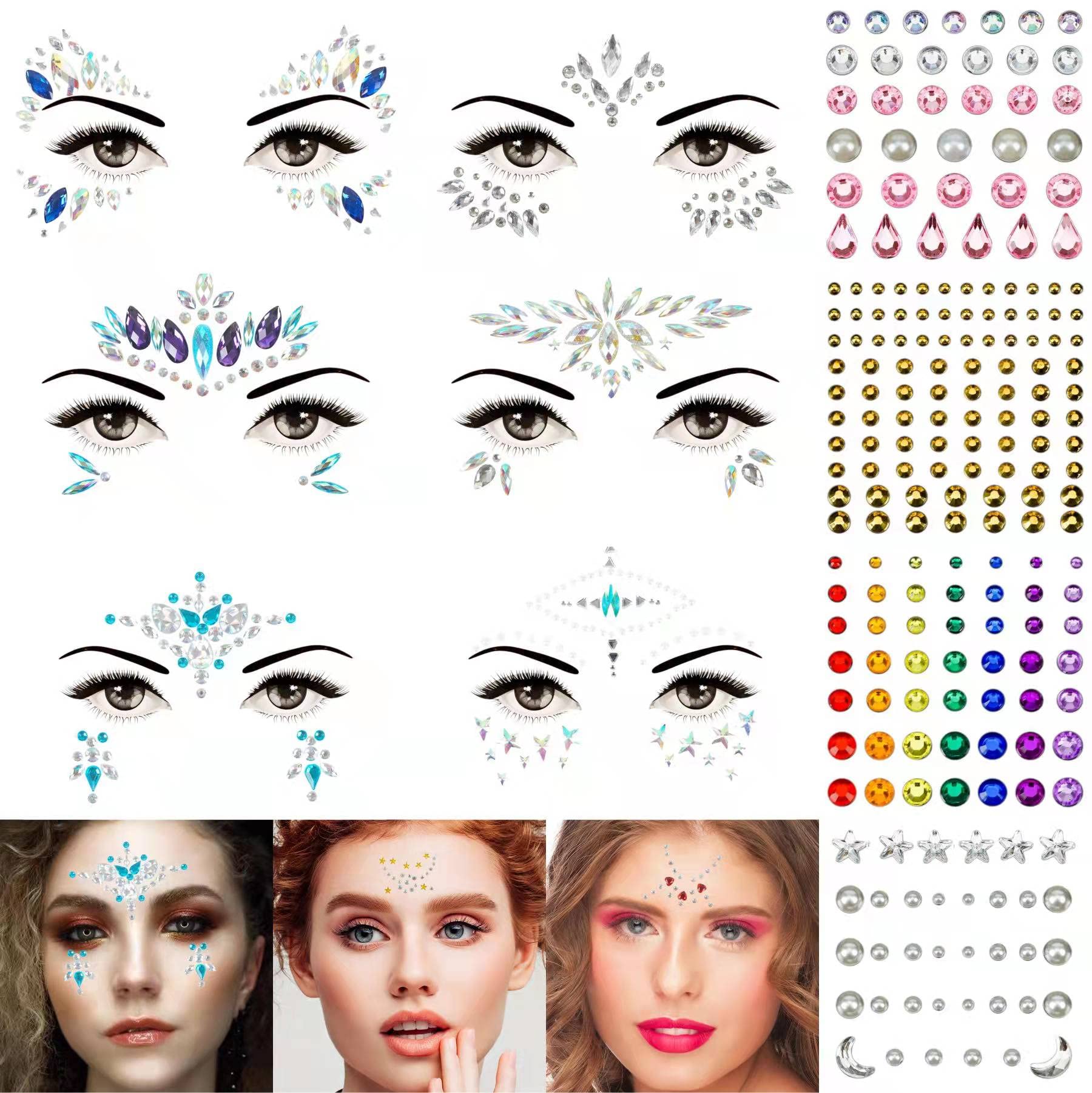 12sets Halloween Face Gems Body Jewels Self-Adhesive Rhinestone Crystal Stickers For Party Favors Supplies, WIDELY TOY Mermaid Fairy Rainbow Tears Festival Rave Accessories