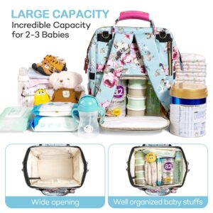 LitBear Diaper Bag Backpack, Large Capacity Multifunction Nappy Bags, Waterproof Baby Bag Floral Insulated Sturdy Travel Maternity Back Pack for Baby Girls with Diaper Pad Bottle Bag (Rose Flower)