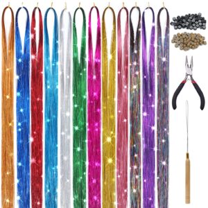 hair tinsel kit fairy hair tinsel strands with tools 47 inches 12colors 3600 strands glitter sparkling shiny hair extensions heat resistant colorful rainbow holographic hair accessories for christmas new year or cosplay party