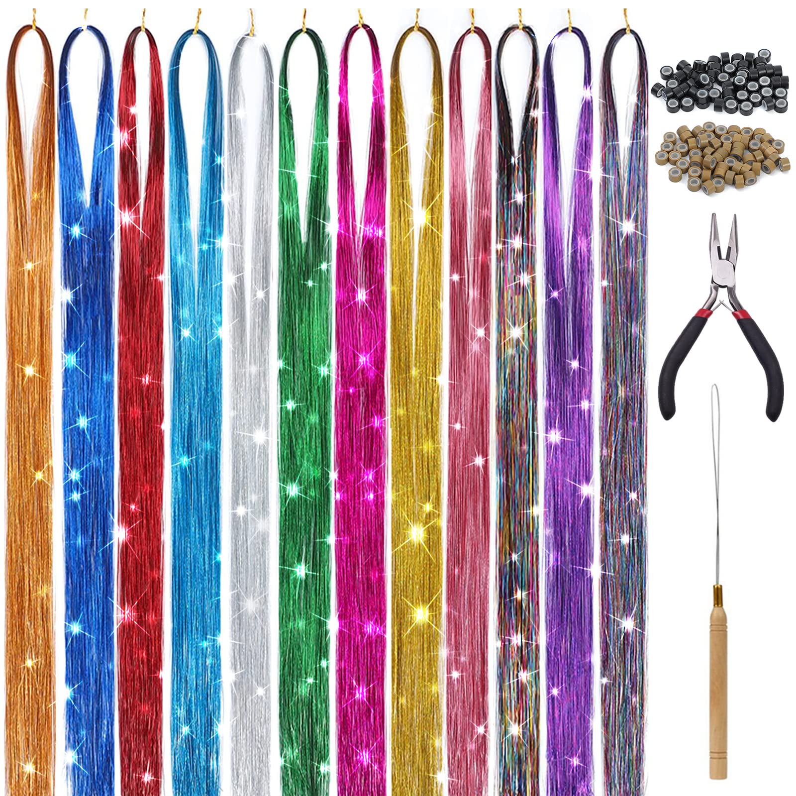 Hair Tinsel Kit Fairy Hair Tinsel Strands With Tools 47 Inches 12Colors 3600 Strands Glitter Sparkling Shiny Hair Extensions Heat Resistant Colorful Rainbow Holographic Hair Accessories for Christmas New Year or Cosplay Party