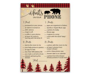 lumberjack baby shower games — what's on your phone baby shower game — pack of 25 — country buffalo plaid rustic boy baby shower games, country baby shower decoration, baby shower games, sku g805-phn