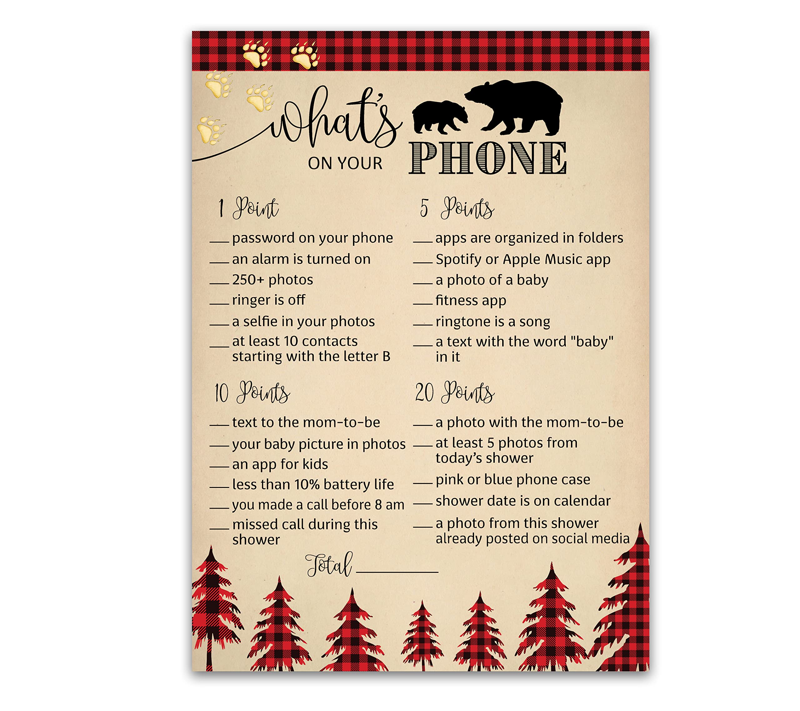 LUMBERJACK Baby Shower Games — WHAT'S ON YOUR PHONE Baby Shower Game — Pack of 25 — Country Buffalo Plaid Rustic BOY Baby Shower Games, Country Baby Shower Decoration, Baby Shower Games, SKU G805-PHN