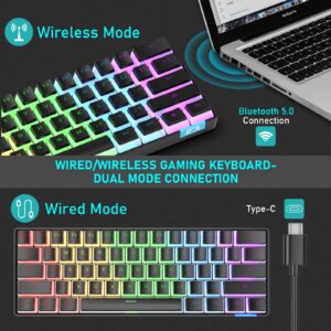 Mini Wireless 60% Dual Mode BT5.0/USB-C Wired Mechanical Gaming Keyboard with Pudding Keycaps Rainbow Backlit Ergonomic Rechargeable Anti-ghosting 61Key for PC Typist Mac Gamer(Black PBT/Red Switch)