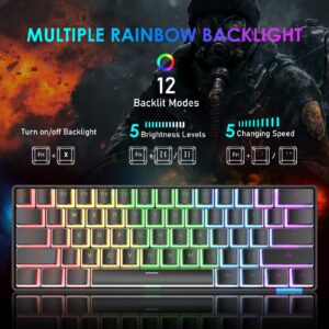 Mini Wireless 60% Dual Mode BT5.0/USB-C Wired Mechanical Gaming Keyboard with Pudding Keycaps Rainbow Backlit Ergonomic Rechargeable Anti-ghosting 61Key for PC Typist Mac Gamer(Black PBT/Red Switch)