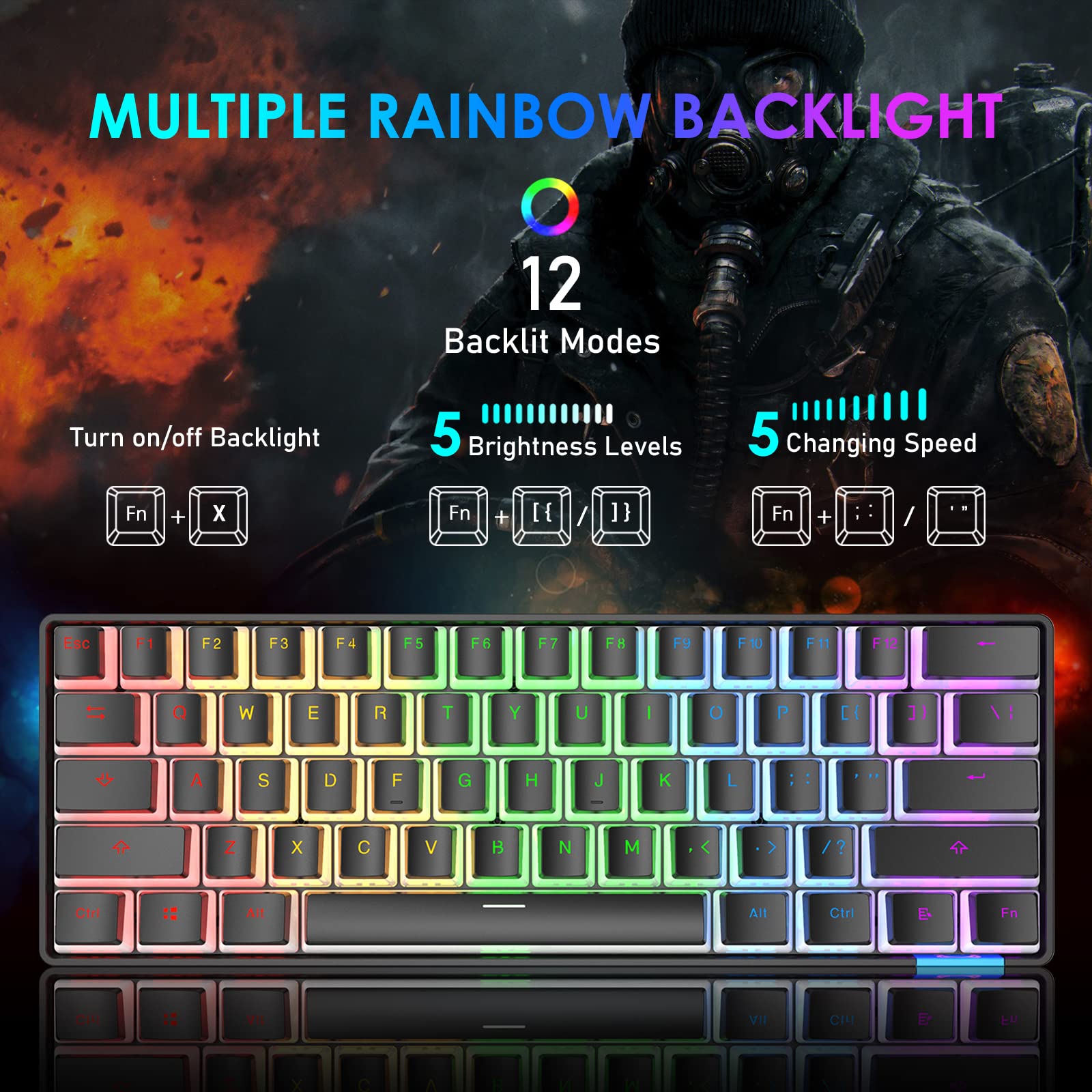 Mini Wireless 60% Dual Mode BT5.0/USB-C Wired Mechanical Gaming Keyboard with Pudding Keycaps Rainbow Backlit Ergonomic Rechargeable Anti-ghosting 61Key for PC Typist Mac Gamer(Black PBT/Red Switch)