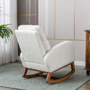 Dolonm Rocking Chair Mid-Century Modern Nursery Rocking Armchair Upholstered Tall Back Accent Glider Rocker for Living Room (White)