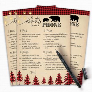 LUMBERJACK Baby Shower Games — WHAT'S ON YOUR PHONE Baby Shower Game — Pack of 25 — Country Buffalo Plaid Rustic BOY Baby Shower Games, Country Baby Shower Decoration, Baby Shower Games, SKU G805-PHN