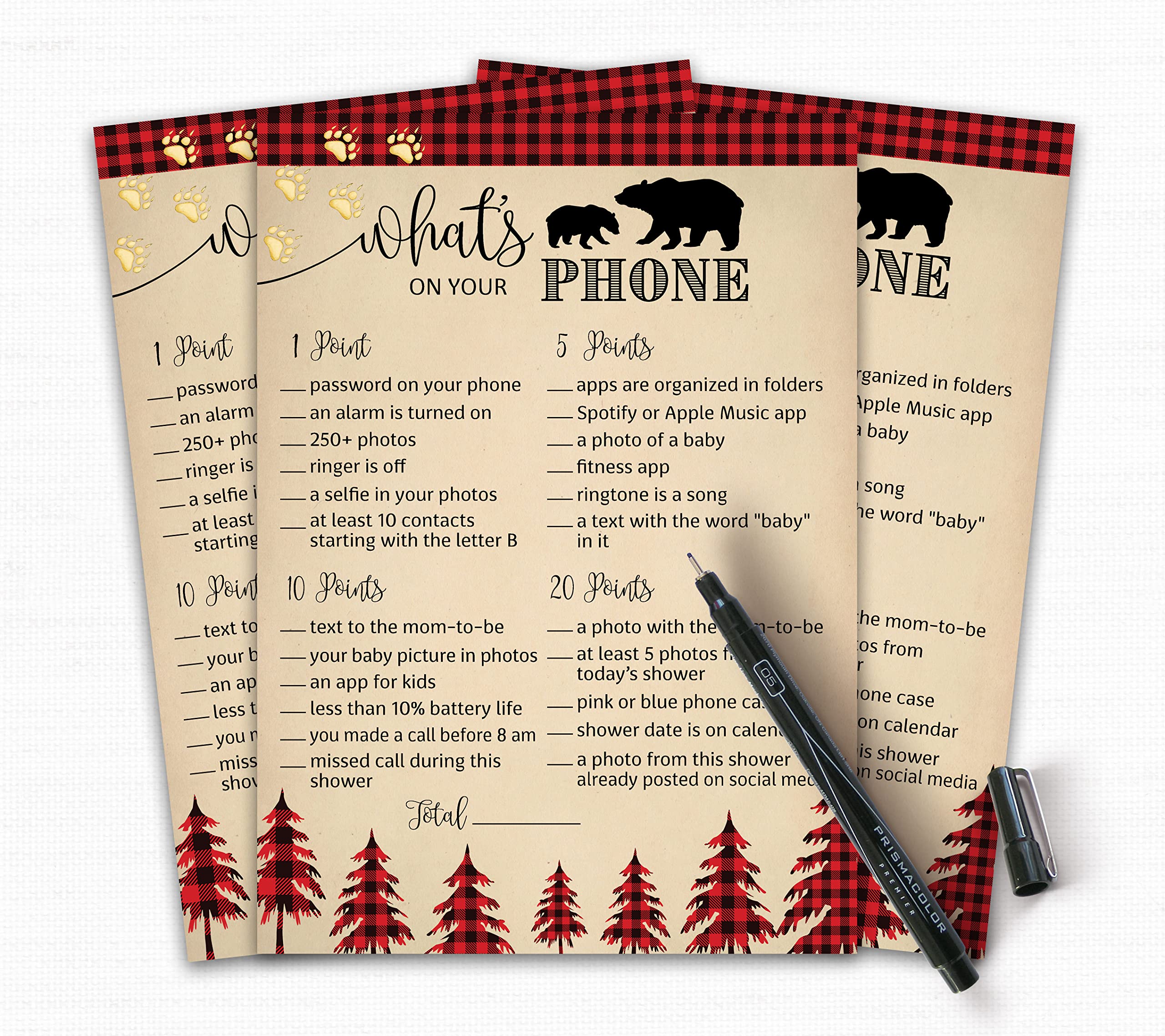 LUMBERJACK Baby Shower Games — WHAT'S ON YOUR PHONE Baby Shower Game — Pack of 25 — Country Buffalo Plaid Rustic BOY Baby Shower Games, Country Baby Shower Decoration, Baby Shower Games, SKU G805-PHN