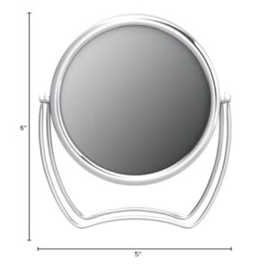 OMIRO Travel Vanity Mirror – 5 Inch Double-Sided 1X/15X Magnification Swivel Makeup Mirror with 360° Pivot Stands, Chrome Finish