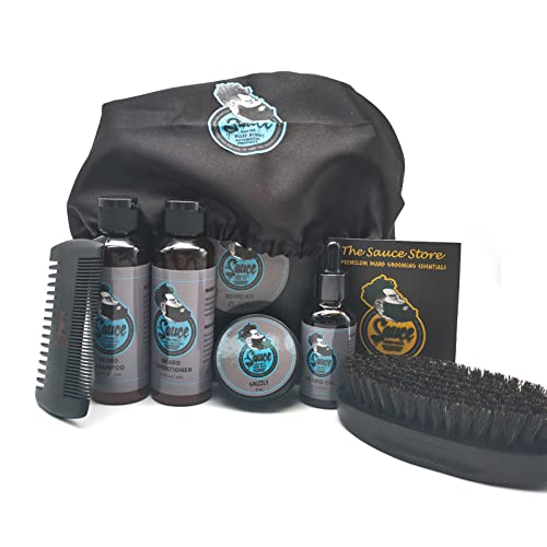 Sauce Authentic Product Beard Conditioner Kit, with Satin Beard Bonnet, Beard Shampoo and Conditioner, Beard Oil Beard Balm, wood comb, brush , conditions, All Natural scented Grizzly gift for men