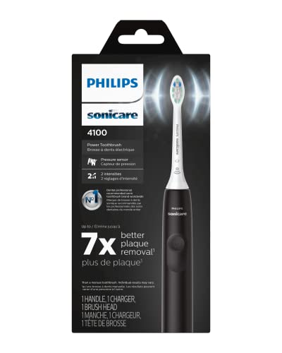 Philips Sonicare 4100 Rechargeable Electric Toothbrush, with Pressure Sensor, 2 Intensity Settings, SmarTimer and QuadPacer, 14-Day Battery Life, Black, Model HX3681/24