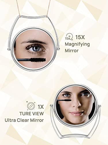 OMIRO Travel Vanity Mirror – 5 Inch Double-Sided 1X/15X Magnification Swivel Makeup Mirror with 360° Pivot Stands, Chrome Finish